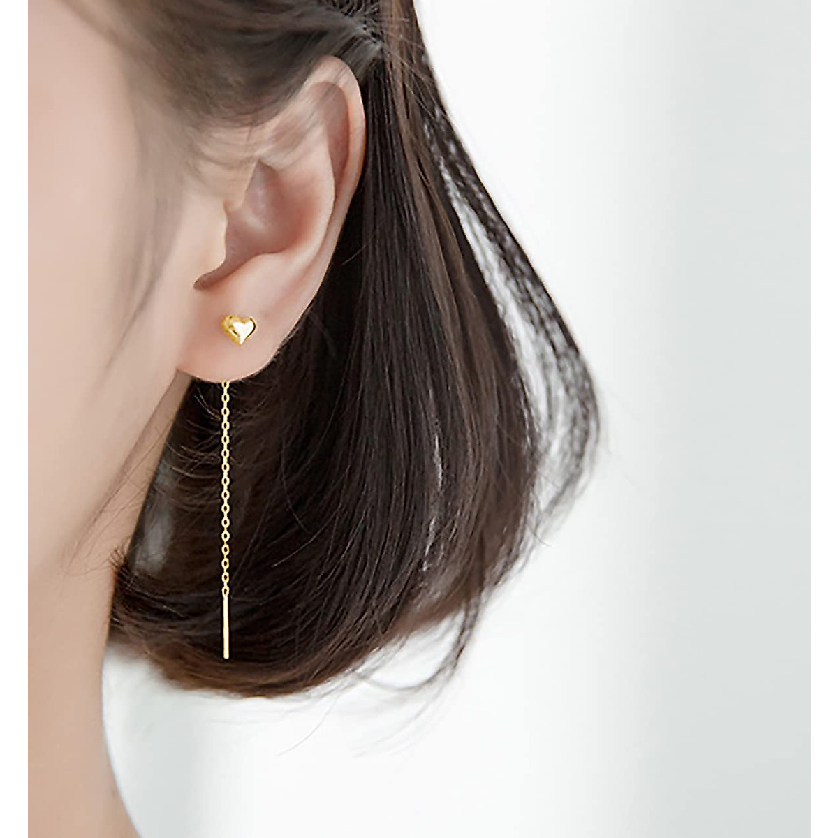 Reffeer 925 Sterling Silver Tiny Cute Heart Dangle Earrings Chain for Women Teens Heart Threader Earrings Tassel (B-Gold)