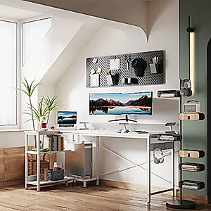 ODK Small L Shaped Desk, 66 inch Corner Desk with Reversible Storage Shelves, Computer Desk with Monitor Shelf and PC Stand for Home Office, Gaming Desk with Headphone Hooks, White