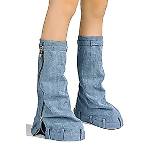 Cape Robbin Women's Fold Over Knee High Boots Platform Heel Padlock Boot with Zipper JENAS - DENIM 7