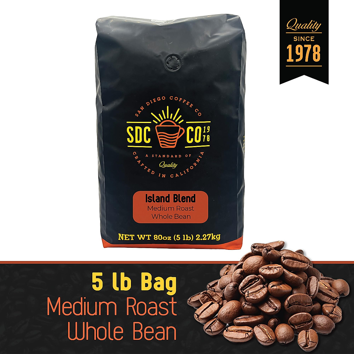 San Diego Coffee Island Blend, Medium Roast, Whole Bean Coffee, 5-Pound Bag Café en grano tostado