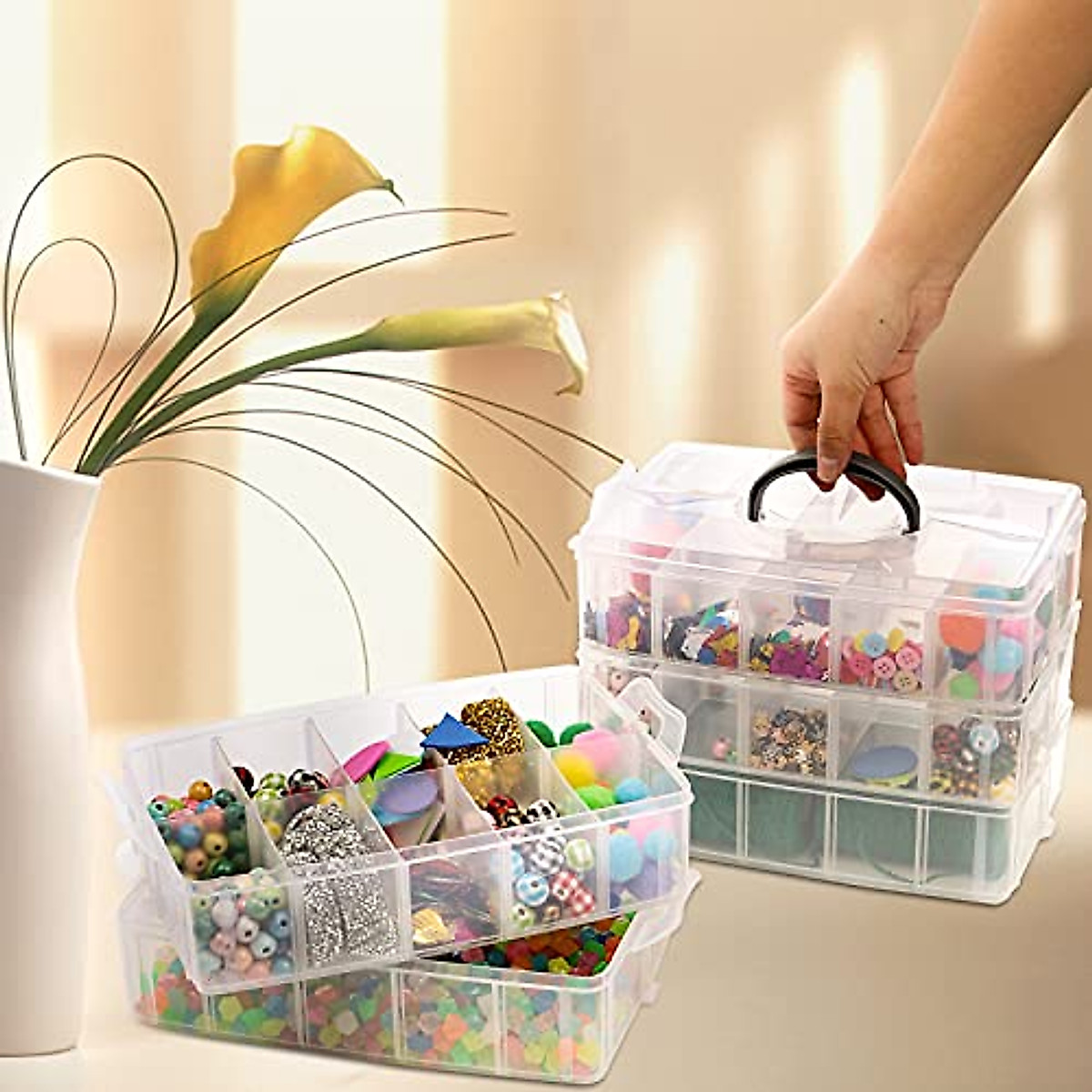 ZEAYEA 6 Layer Stackable Storage Container with 60 Adjustable Compartments, Plastic Beads Organizer Box, Arts Crafts Storage Organizer for Beauty Supplies, Nail Polish, Jewelry, Sewing Accessories