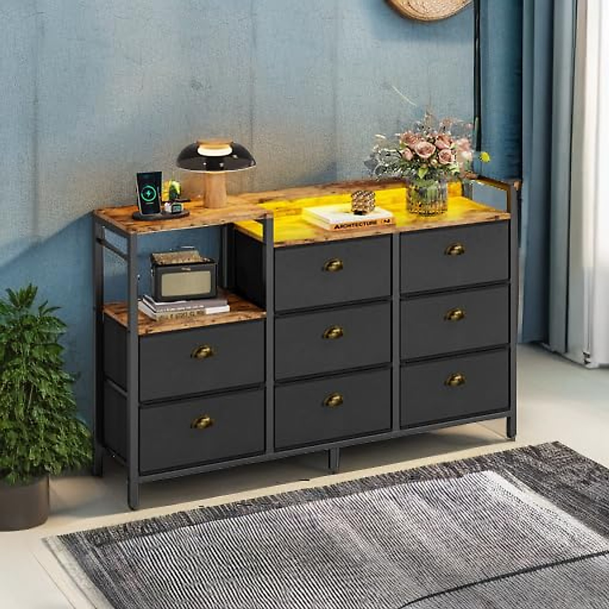 IRONCK Dresser with Power Outlets and LED Lights, 8 PU Leather Drawers Dresser with Charging Station, Wide Chests of Drawers for Closet, Bedroom, Hallway, Vintage Brown Black