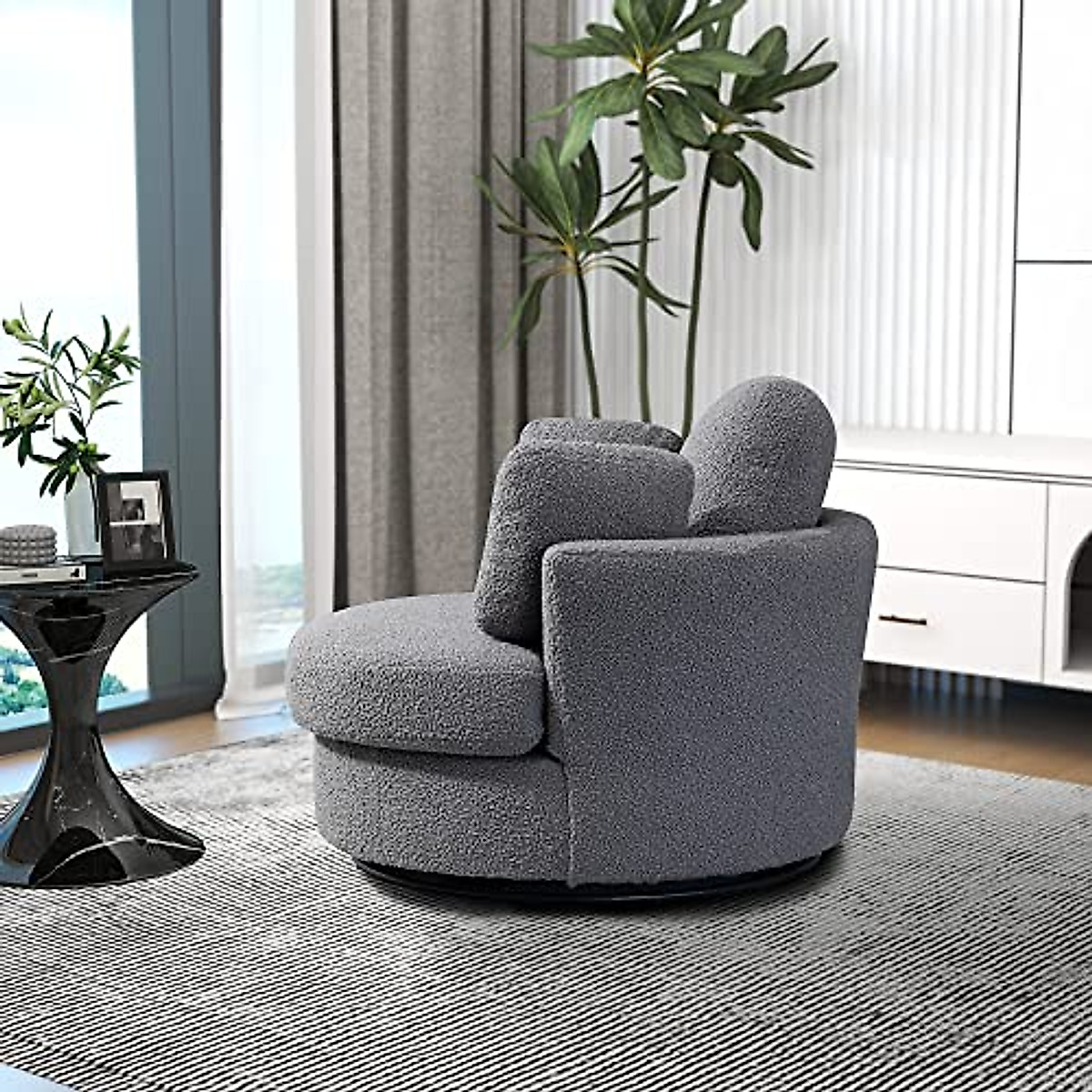 Dvasovio 42.2" W Swivel Accent Barrel Chair with 3 Pillows 360 Degree Swivel Lounge Club Round Chair, Oversized Arm Chair Cozy Club Chair for Bedroom Living Room Hotel, Ivory Boucle(Dark Gray)