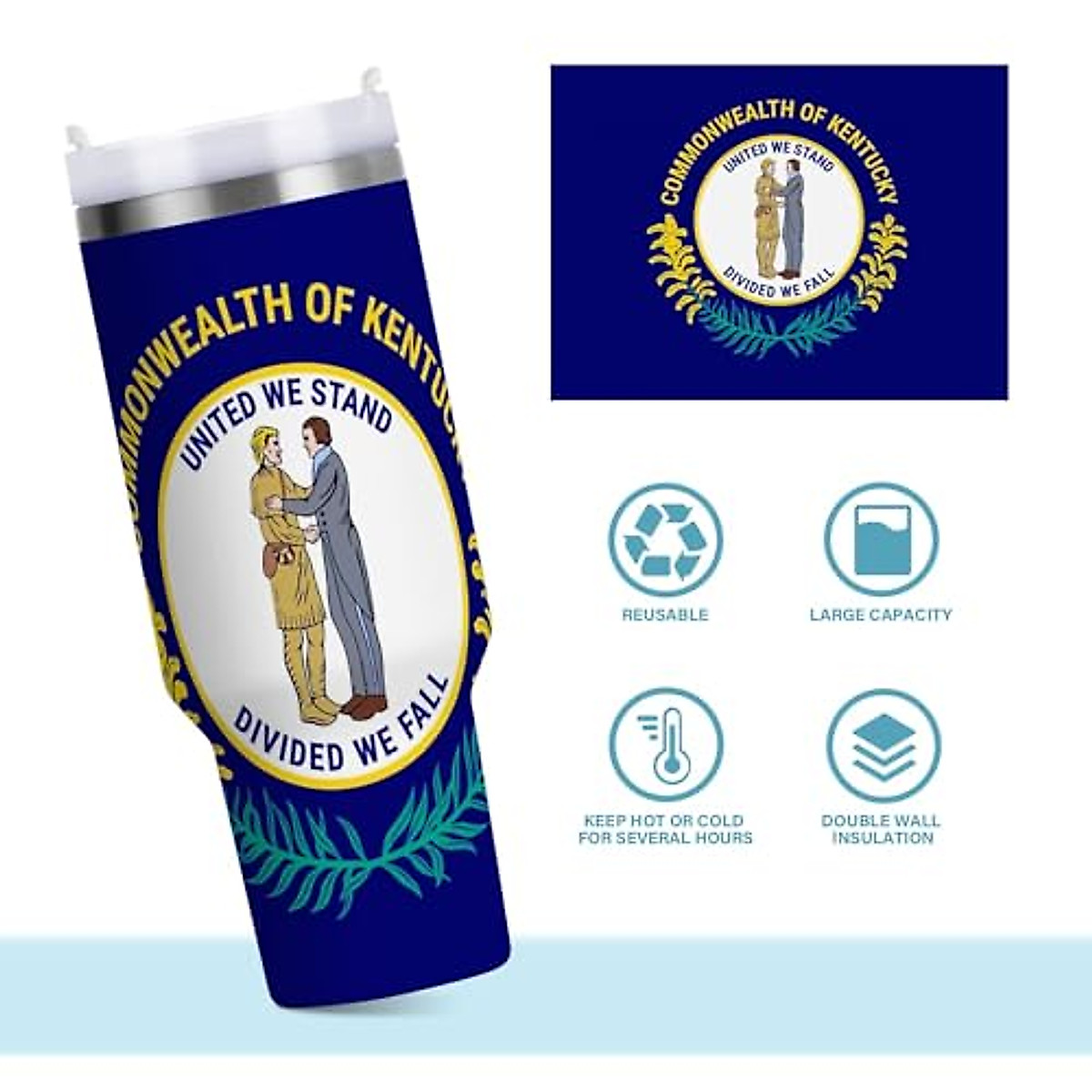 ODAWA 40oz Kentucky Flag Tumbler Cups with Straw and Handle, 2 in 1 Lid Insulated Insulated Vacuum Tumbler