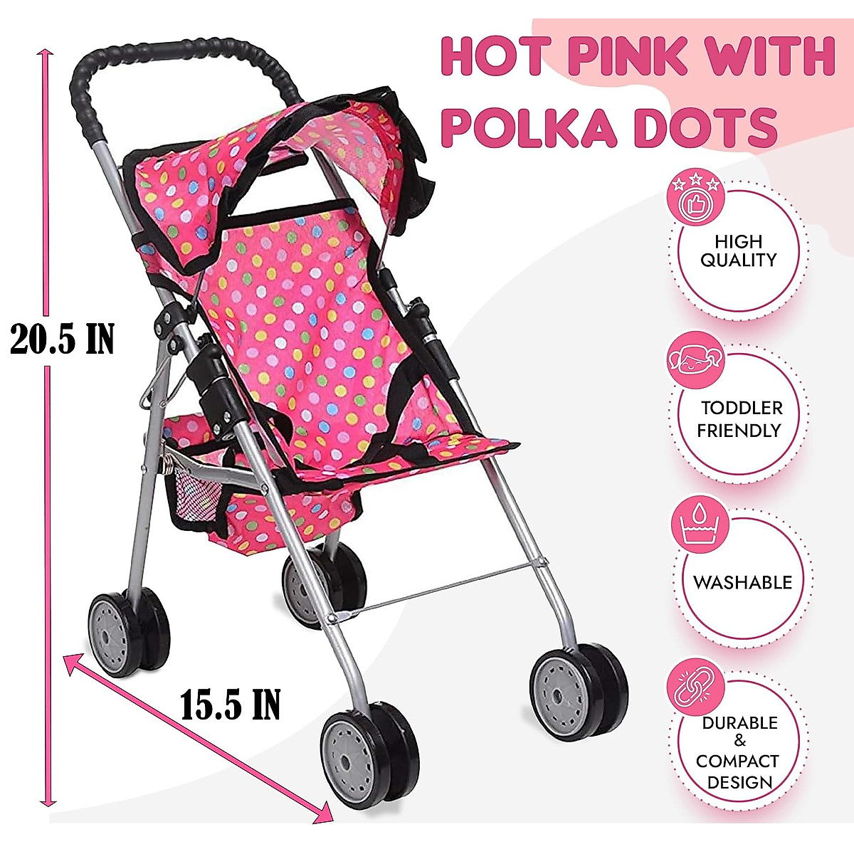 fash n kolor - My First Baby Doll Stroller - Pink Polka Dot Doll Stroller with Basket- Soft Grib Handle. Foldable with Hood Toy Doll Pram Baby Doll Accessories. With 2 Free Bonus Doll Bottles Included