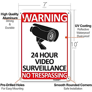 TICONN 4-Pack 24 Hour Video Surveillance Sign, No Trespassing Aluminum Warning Sign, 10’’x7’’ for CCTV Security Camera - Reflective, UV Protected