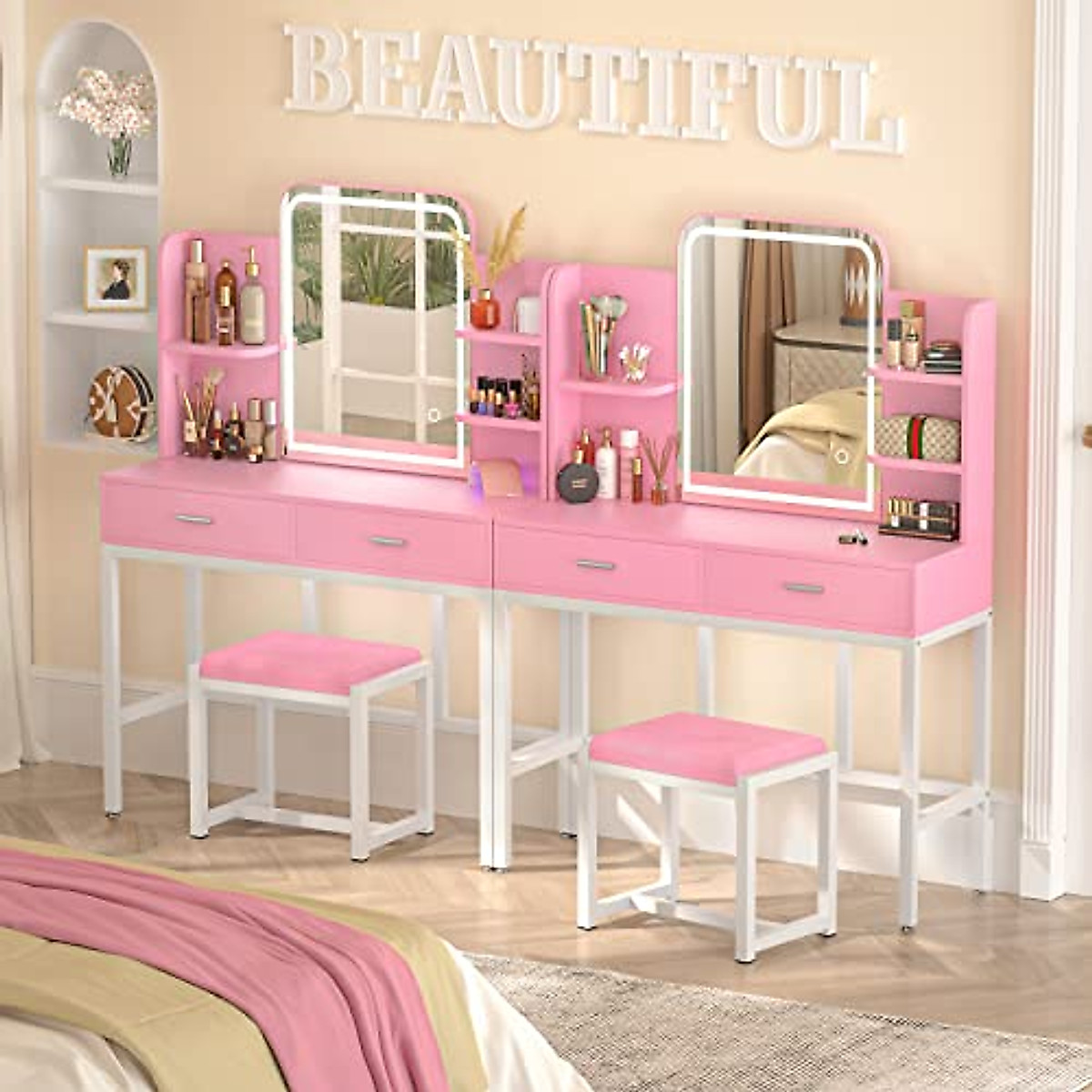 armocity Vanity Desk with Mirror and Light, Makeup Vanity with Cushioned Stool, Vanity Table Set with 3 Color Lighting Options, Modern Dressing Table with 2 Storage Drawers for Bedroom, Pink