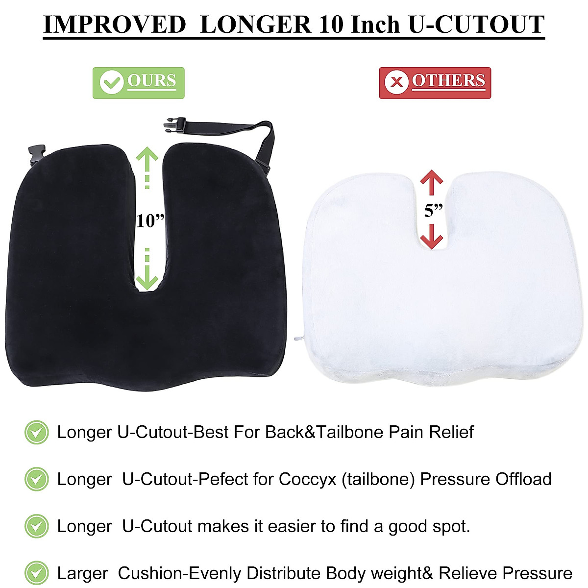 Upgraded Coccyx Cushion for Tailbone Pain-Longer 10 Inch U-Cutout,Memory Foam Seat Cushion for Tailbone Pain Relief,Suitable for Office Chair,Car Seat,Computer Desk Sciatica & Back Pain Relief Pad