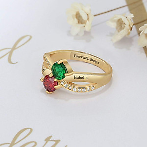 Luolajewelry Personalized Women Promise Ring Engraved 2 Names with 2 Simulated Birthstone Engagement Rings for Her (Gold, 9)