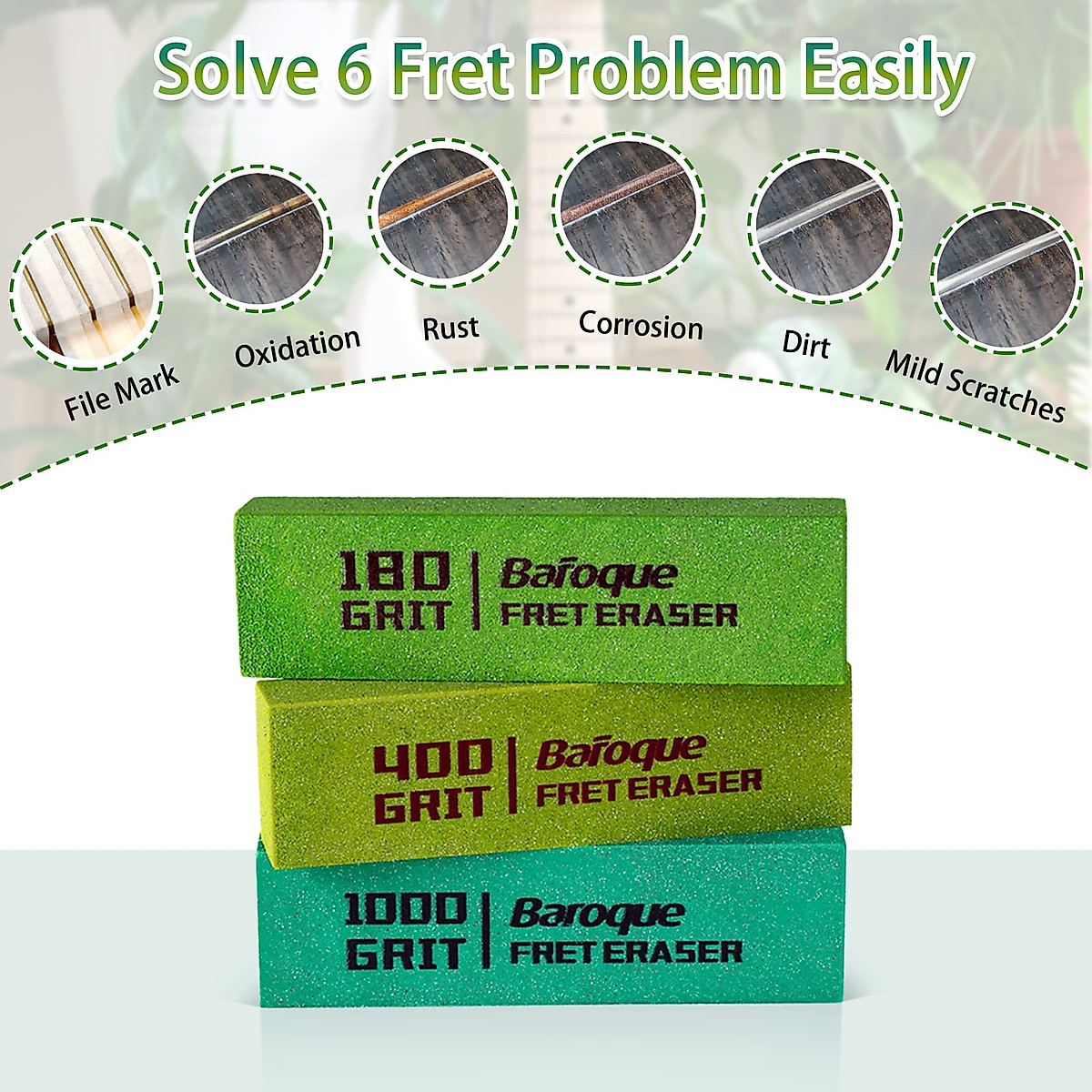 Baroque Fret Erasers 180 & 400 & 1000 Grits, Guitar Fret Polishing Abrasive Rubber Blocks, Set of 3 Grits