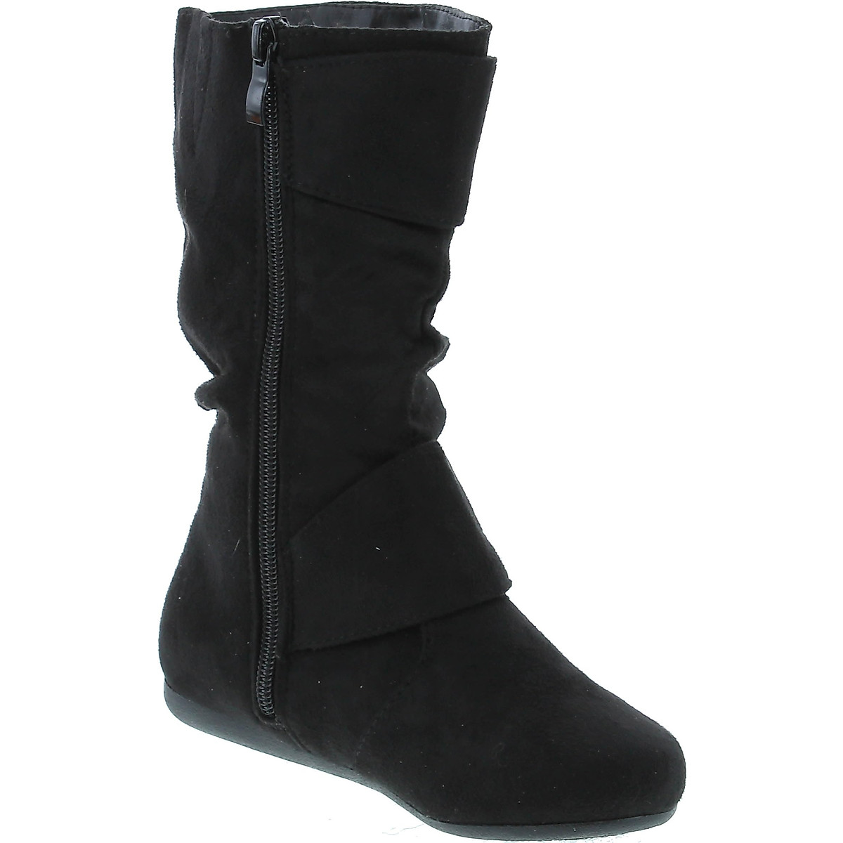 Link Klein-70K Girl's Kid's Faux Suede Two Buckle Zipper Flat Heel Mid Calf Slouchy Boot Shoes,Black,9