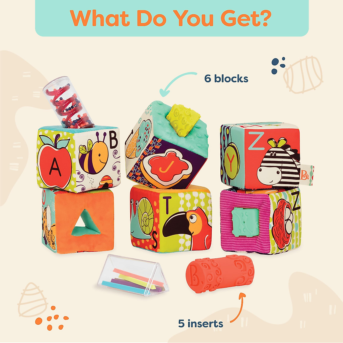 B. Toys Soft Fabric Building Blocks for Toddlers - Educational Alphabet Blocks with Textured Shapes - Stack & Play ABC Blocks for 6 Months+