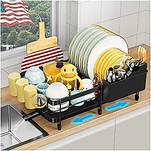 YKLSLH Expandable Dish Drying Rack Dish Racks for Kitchen Counter, Space Saving Dish Rack,Durable Kitchen Drying Rack with Drainboard, Glass Holder, Utensil Holder - Black