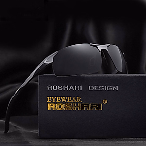 RoShari Mens Sports Polarized Sunglasses UV Protection Fashion Sunglasses for Men Fishing Driving Aluminum Magnesium Frame Ultra Light (Black-Blue)
