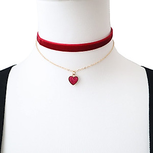 iuviwey Heart Choker Necklace for Women 2Pcs Double layer Red Chokers (Claret Red)
