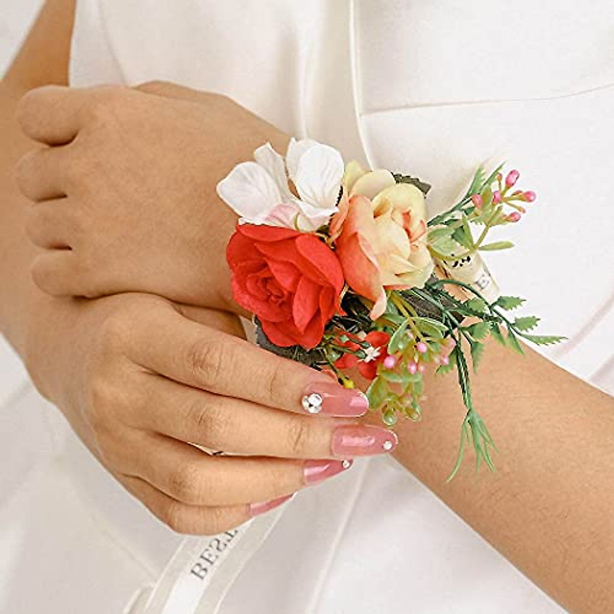 Campsis Wedding Bridal Handmade Wrist Flower Corsage Red Leave Ribbon Hand Flower Bride Bridesmaid Wristlet for Prom Party Beach Photography 2PCS