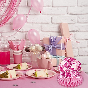 Glodecart 9PCS Breast Cancer Awareness Honeycomb Table Centerpiece for Home, Fight Cancer Theme Pink Ribbon Breast Cancer Table Topper Centerpiece Decorations for Table Decor Charity Party Supplies