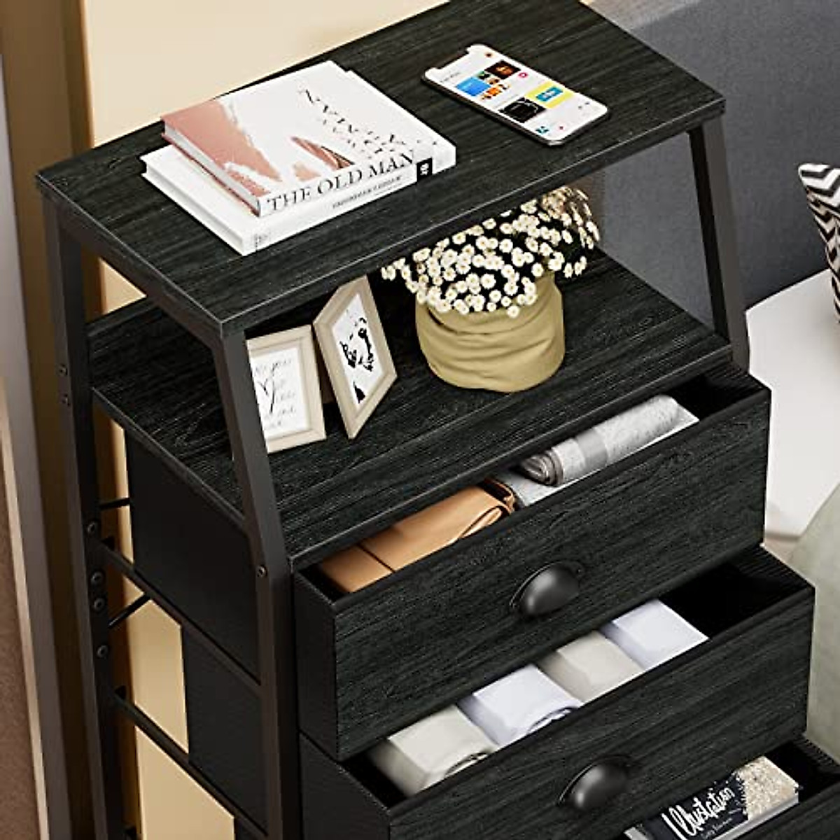 Furnulem Tall 4 Drawers Dresser, Vertical Storage Tower Black Dresser for Bedroom, Hallway, Entryway, Nursery, Closet Organizer, Nightstand Bedside Table Furniture, Sturdy Steel Frame, Wood Top