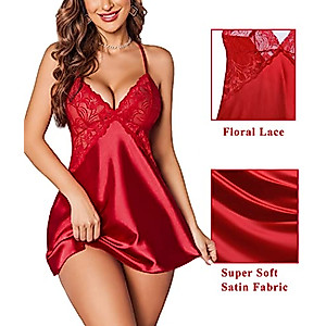 Avidlove Women Bridal Robe Satin Nightgown Sexy Lingerie Lace Lingerie Set Sexy Babydoll V Neck Sleepwear Strap Chemise A Red