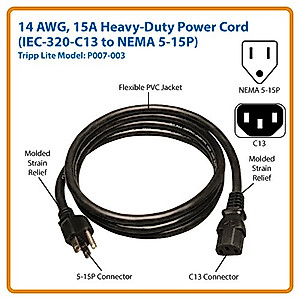 Tripp Lite Heavy Duty Computer Power Cord, 15A, 14AWG (NEMA 5-15P to IEC-320-C13), 3-ft. (P007-003),Black