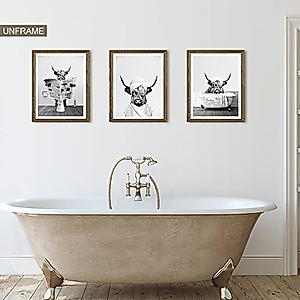 YLYYOO Funny Highland Cow Bathroom Wall Art,black and White Canvas Wall Art Farmhouse Bathroom Wall Decor,highland Cow Pictures Prints for Wall Decor Set of 3 Unframed. (Black,3PCS-12"x16"-Unframed)