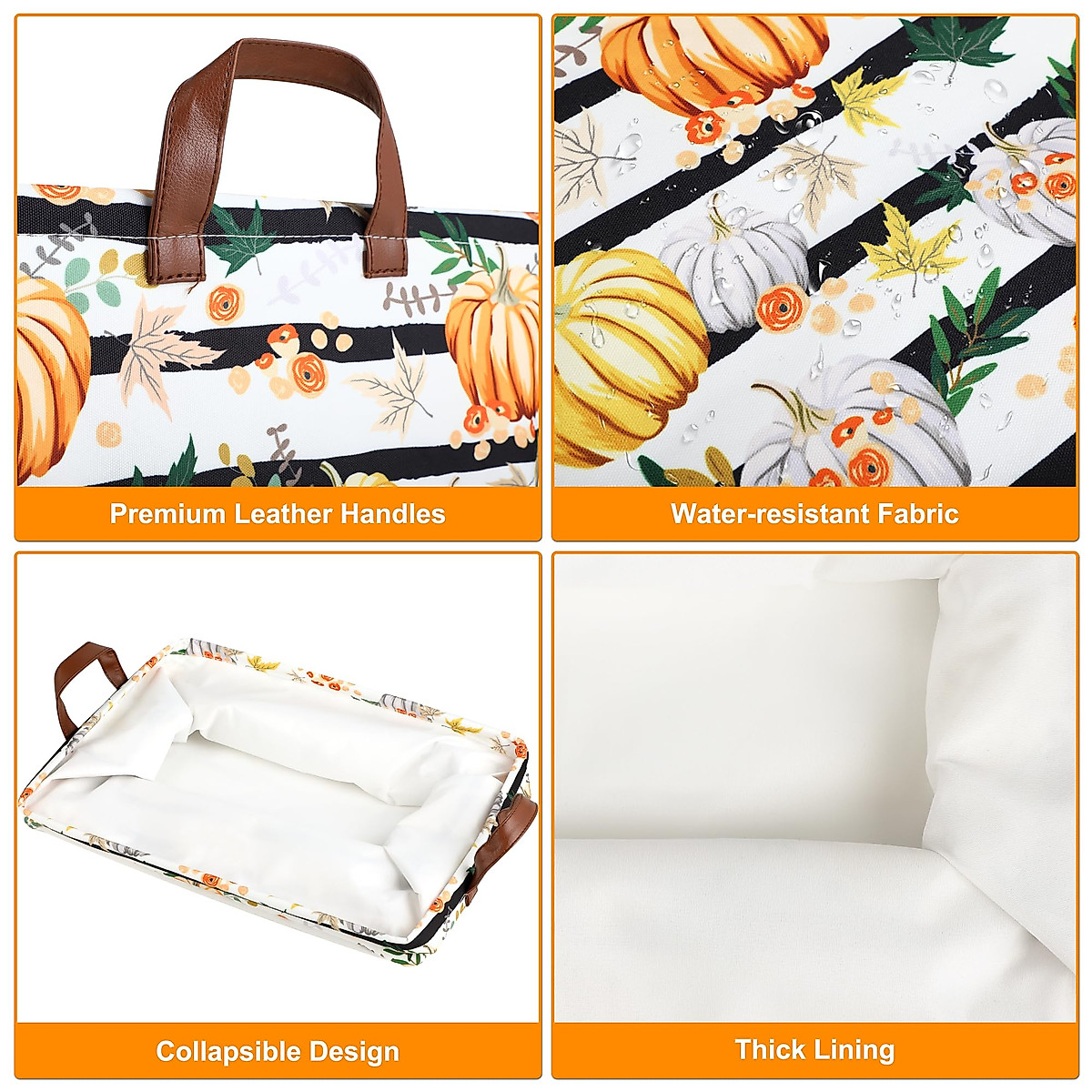 Funnewban Halloween Jack-O-Lantern Pumpkin Storage Bin Basket Collapsible with Leather Handles Waterproof Canvas Storage Cube Box for Closet Toys Clothes Nursery Room Decor Gift Basket