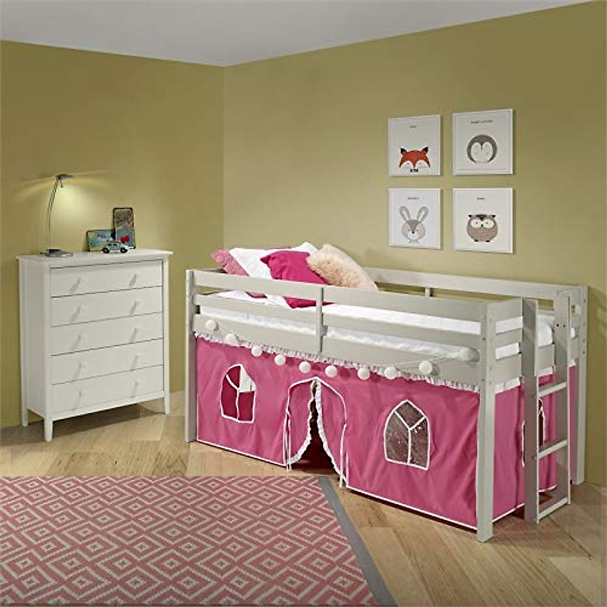 Alaterre Furniture Jasper Twin Junior Loft Bed, Dove Gray Frame and Pink/White Bottom Playhouse Tent