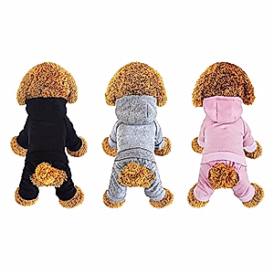 3 Pack Dog Hoodie, Pet Jumpsuit Fleece Sweatshirt with Buttons, Dog Clothes, Dog Cold Weather Coats, Winter Warm Cotton Puppy Hoodie 4 Legs Dog Clothes for Small Medium Dogs Boy Girl Black Grey Pink