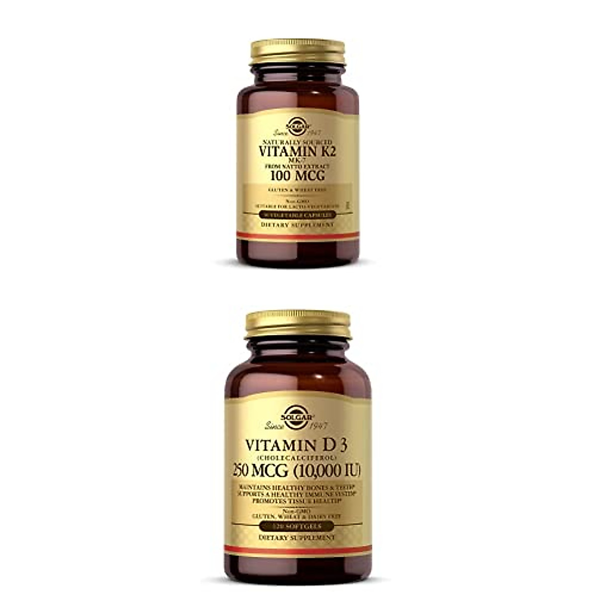 Solgar Vitamin K2 (MK-7) 100mcg, 50 Vegetable Capsules - Supports Bone Health + Solgar Vitamin D3 (Cholecalciferol) 250 MCG (10,000 IU), 120 Softgels - Immune System Support