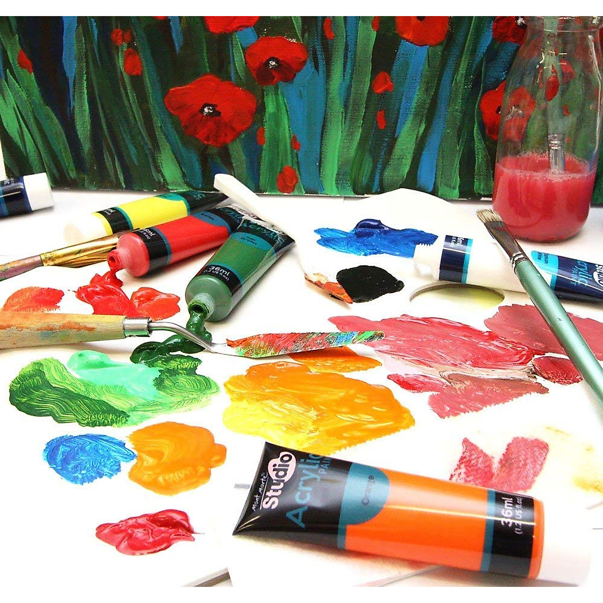 Mont Marte Studio Acrylic Paint Set, 18 Piece, 36ml Tubes. Lightfast Colours with Great Coverage, Ideal for Canvas, Wood, Fabric, Leather, Cardboard, Paper, MDF and Crafts.