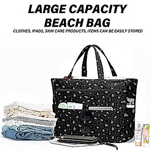 BHAHB Beach Bag Beach Tote Pool Bag Large Waterproof Tote Bag with Wet Pocket,Shoulder Bag with Zipper for Women Girls-Black Leopard Cheetah Pattern