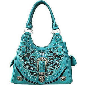Zelris Women Tote Handbag Wallet Set Western Gleaming Buckle Floral Cowgirl Concealed Carry Purse (Turquoise)