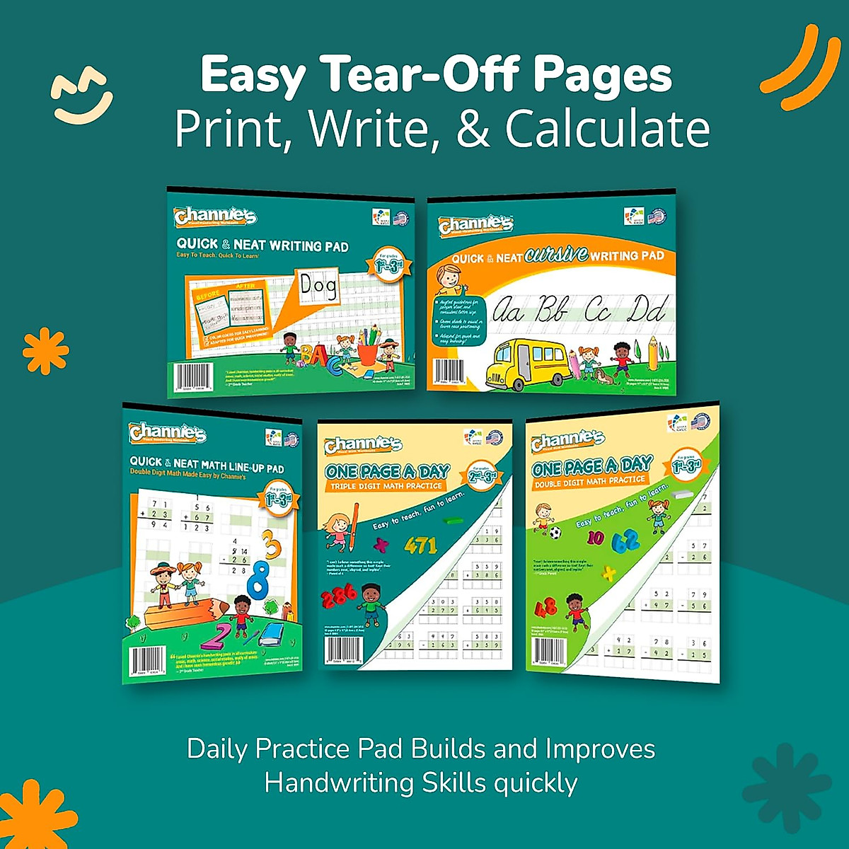 Best value Channie’s Visual Math, Handwriting, and Cursive Bonus Pack of 5 Separate Workbooks, Grades 1st – 3rd, Size 8.5” x 11” With FREE Alphabet Card