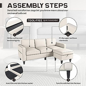 Youmumeub Convertible Sectional Sofa Couch, L-Shaped Couch 3-Seat Sofa with Storage Reversible Chaise, Sectional Couches for Living Room, Apartment and Small Space (Beige)