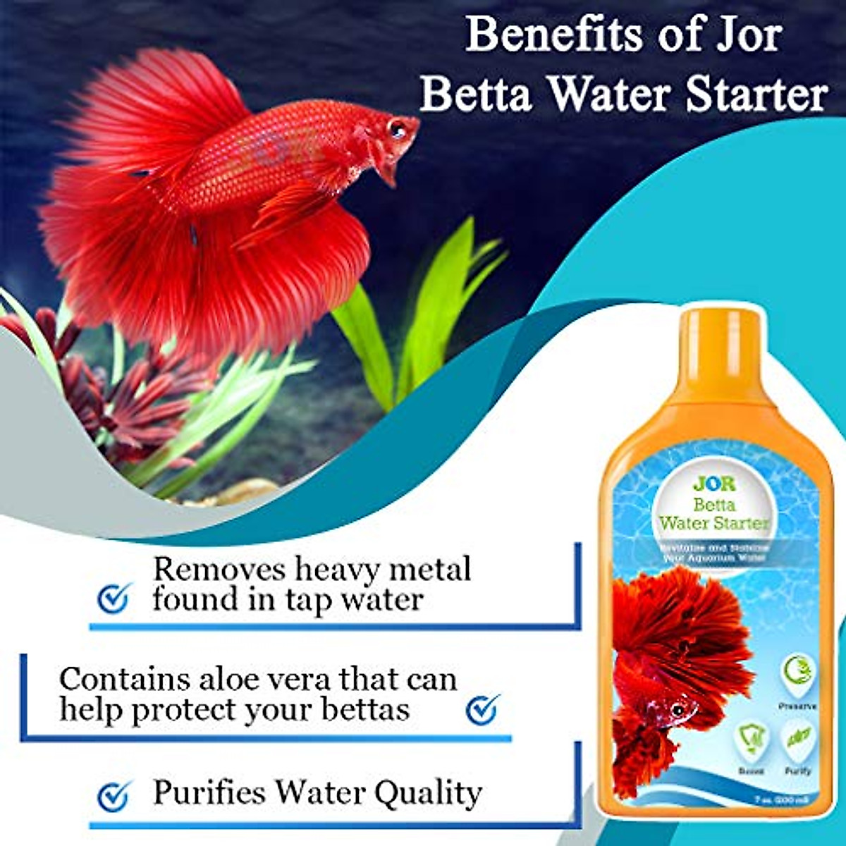 Jor Betta Water Starter, Lowers Stress in Fish, Revitalizes and Conditions Aquarium and Tanks, Promotes Coat Growth with Aloe Vera, 6.75 fl oz