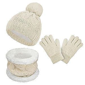 YSense 3 Pcs Kids Winter Beanie Hat Scarf Gloves Set Thick Knit Warm Fleece Fuzzy Lined Beanie Caps Mittens for Boys Girls Gifts