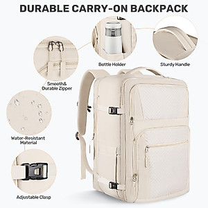 Travel Backpack, Large Backpack for Women, Carry On Backpack Flight Approved, 40-50L Expandable Lightweight Waterproof College Bag Business Casual Daypack Fits 17 Inch Laptop, Gifts for Women, Beige