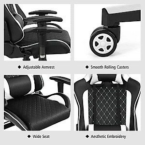 Ergonomic Gamer Desk Chair, High Back PC Computer Home Office Chair with Massage & 90°-180° Adjustable Tilt Back Height Adjustable Swivel PU Leather Executive Racing Computer Desk (Black+ White)