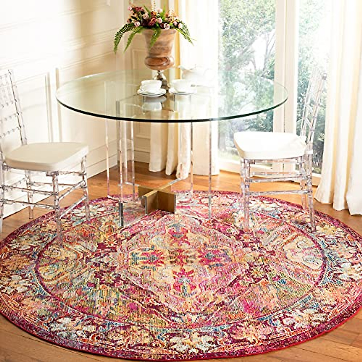 SAFAVIEH Crystal Collection Area Rug - 7' Round, Fuchsia & Light Blue, Boho Chic Oriental Distressed Design, Non-Shedding & Easy Care, Ideal for High Traffic Areas in Living Room, Bedroom (CRS516B)