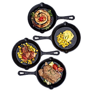 Bruntmor 6-Inch Black Pre-seasoned Cast Iron Frying Pan Set of 4, 6 Inch Oven Safe Cast Iron Skillet, Cast Iron Grill Pan Set, Nonstick Cookware And Bakeware For Casserole Dish