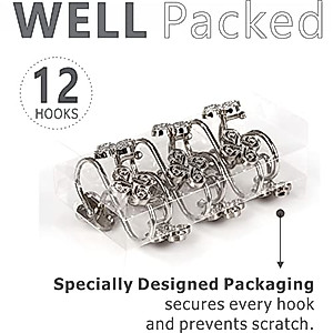 Nickel Shower Curtain Hooks Rings: Silver Rust Proof Metal Shower Hooks for Bathroom - Flower Clover Designed Decorative Curtain Rings Hangers for Shower Rod - Set of 12