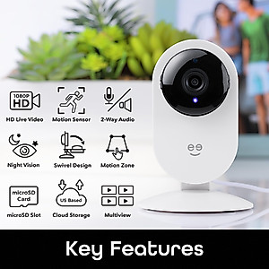 Geeni Glimpse 1080p Smart Indoor Camera, Motion Detection, Night Vision, Two-Way Audio, Cloud/MicroSD Storage, 110° Lens, Alexa/Google Compatible