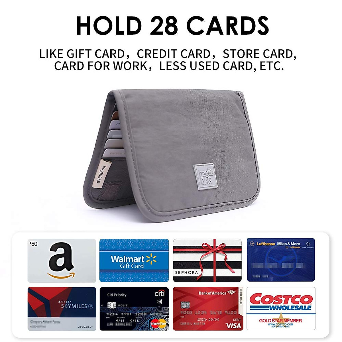 iN. Slim credit card holder wallet, Gift card display case, Minimalist light thin card storage case rfid blocking for men & women, with 28 slots in Grey