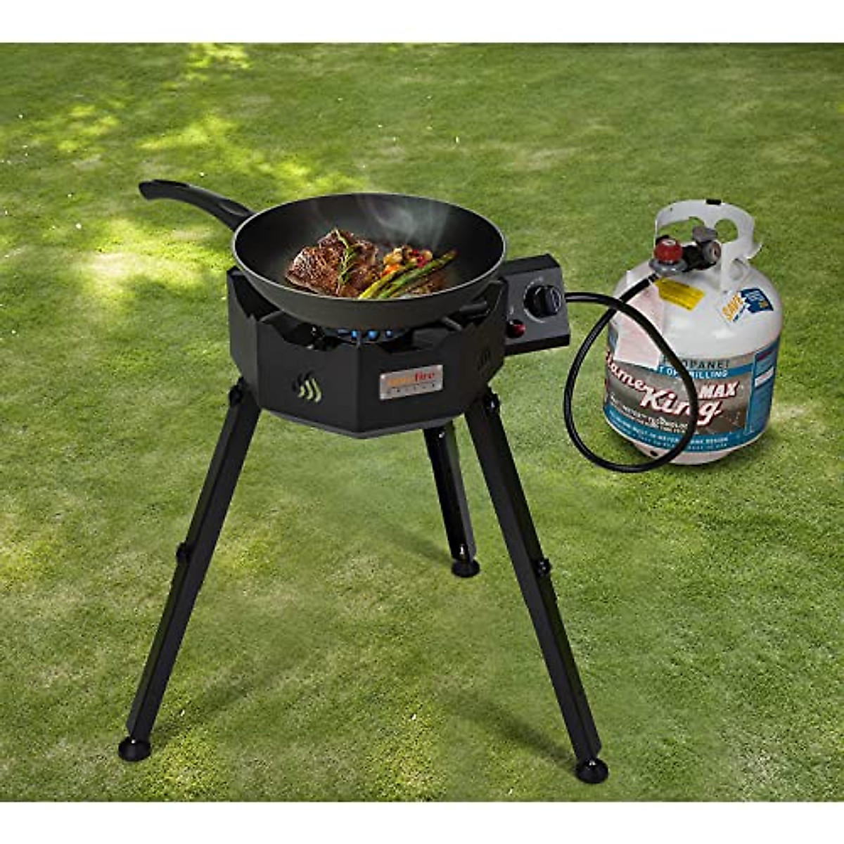Outdoors Portable Wok Burner with Brackets, Adjustable Removable Legs and Flame Failure Protecting Device, ONLYFIRE GRILLS Tripod Gas Stove with 65000 BTU for Backyard and Camping Cooking