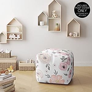 Sweet Jojo Designs Blush Pink Grey Boho Floral Girl Ottoman Pouf Cover Unstuffed Poof Floor Footstool Square Cube Pouffe Storage Baby Nursery Kids Room Bohemian Farmhouse Shabby Chic Watercolor White