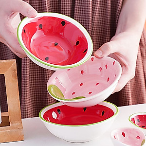 Porcelain Bowl Ceramic Appetizer Plate Watermelon Shape Rice Soup Bowl with Spoon Dessert Salad Pasta Bowls Food Serving Tray for Fruit Cheese Dessert Snack Soup Cereal Bowl