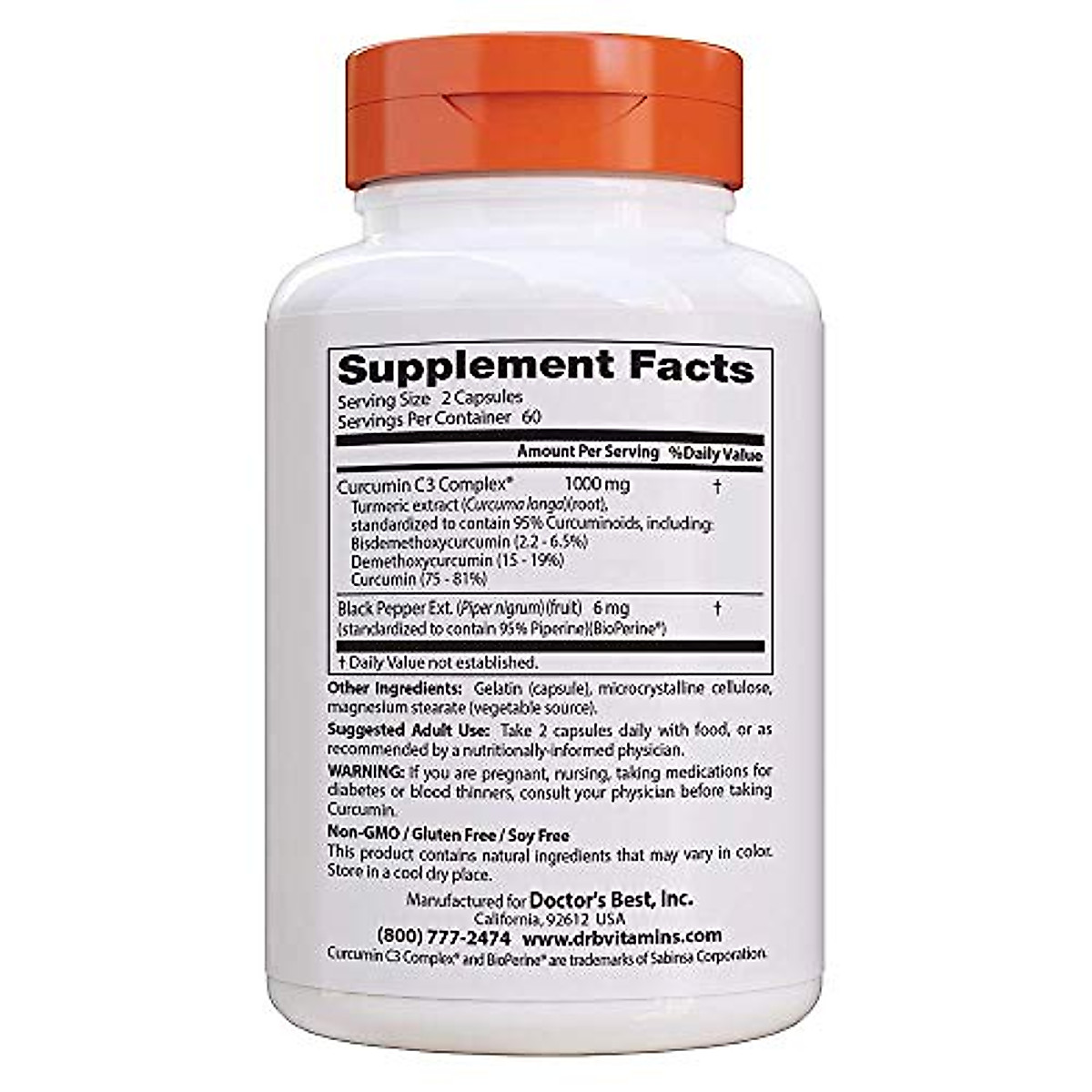 Doctor's Best DRB-00107 High Absorption Curcumin From Turmeric Root with C3 Complex & BioPerine 500mg (120 Capsules)