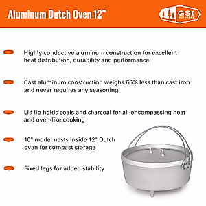 GSI Outdoors Aluminum 12' Dutch Oven | Dutch Oven with Fixed Legs for Camping, Cabin and Home Kitchen