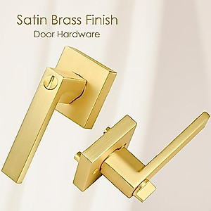 SHINY HANDLES Satin Brass Door Knobs Door Handles Interior with Lock, Privacy Gold Door Knob Door Levers for Bed/Bath (Keyless,1Pack)