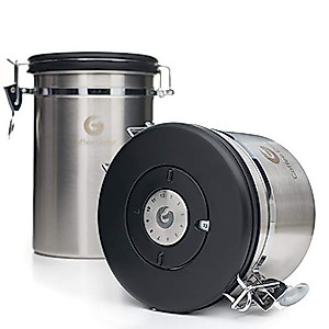 Coffee Gator Coffee Canister Duo Stainless Steel Coffee Container - Fresher Beans and Grounds for Longer - Date-Tracker, CO2-Release Valve and Measuring Scoop - Large & Small, Silver